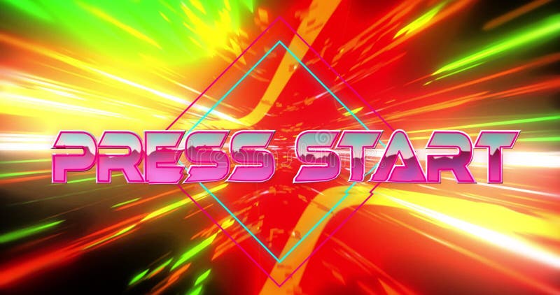 Image of Press Start Text Over Colourful Lights on Black Background ...