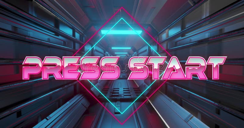 Image of Press Start Text Over Neon Banner Against Grey Tunnel in ...