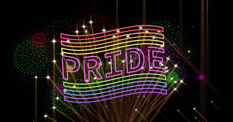 Image of Pride Rainbow Text and Flag and Fireworks Exploding on Black ...