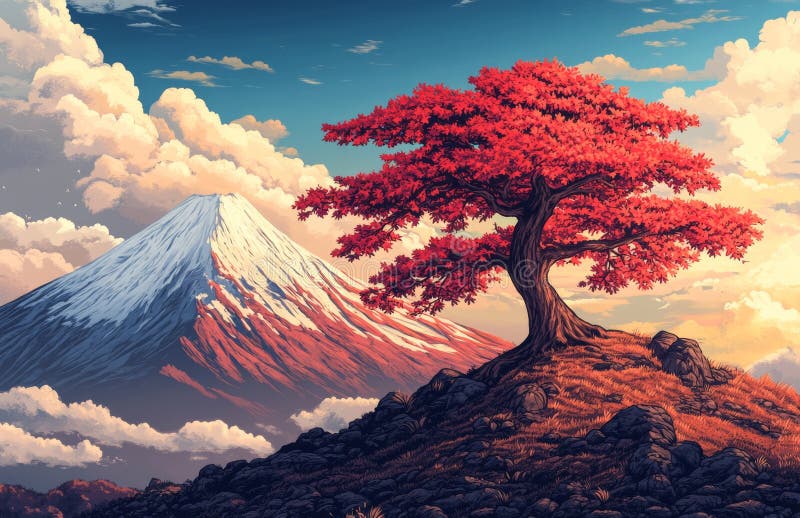 In the Image, the Primary Subject is a Tall Red Tree, Set Against a ...