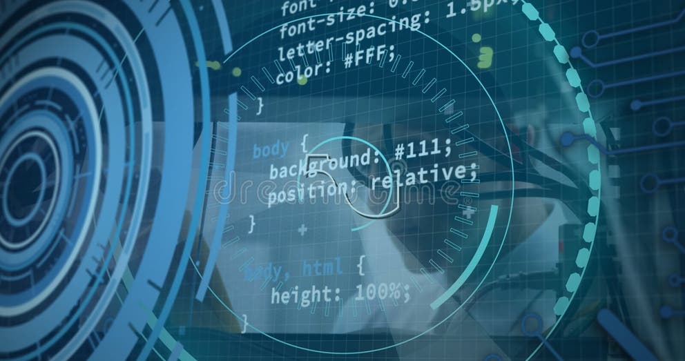 Image of Processing Circle and Binary Code Over Hands of Caucasian Male ...