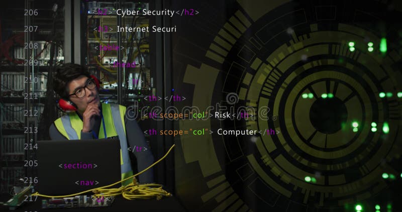 Image of Processing Circle Over Asian Man Working on Laptop in Server ...