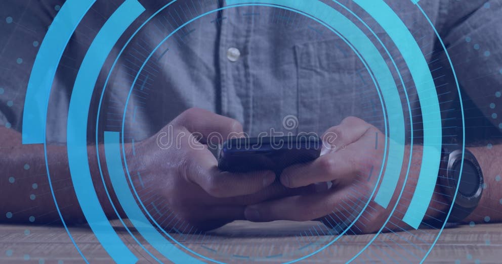 Image of Processing Circles Over Hands of Caucasian Man Using Smartphone Stock Image - Image of ...