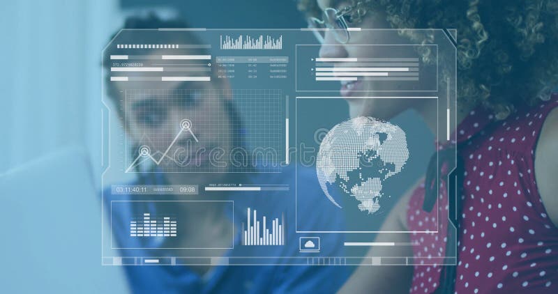 Image of Processing Data Interface Over Diverse Colleagues at Laptop in ...