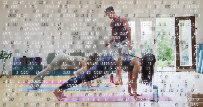 Image of Processing Data Over Diverse Male Instructor and Female Yoga Class Stock Photo - Image ...