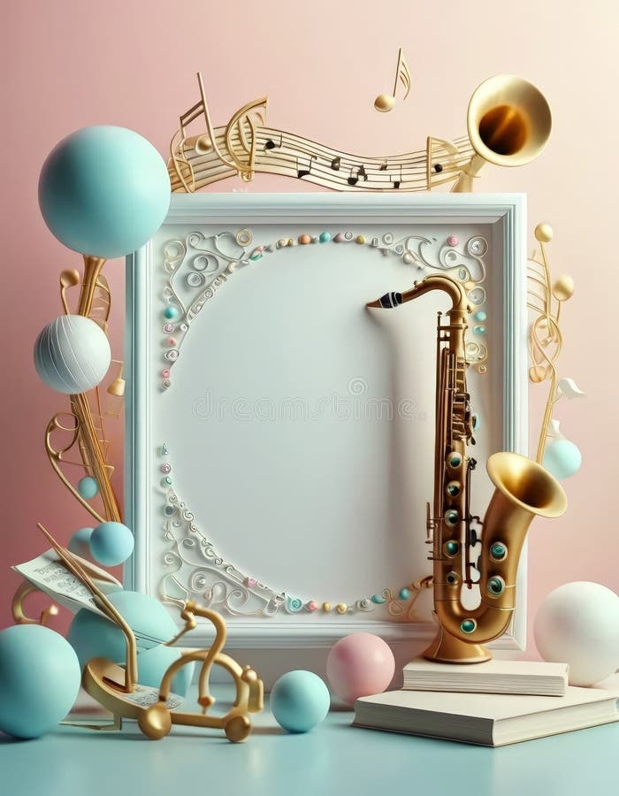 Frame with Musical Instruments and Instrument on Blue Table Stock ...