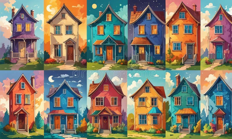 Set Four Houses in Different Colors Stock Illustration - Illustration ...