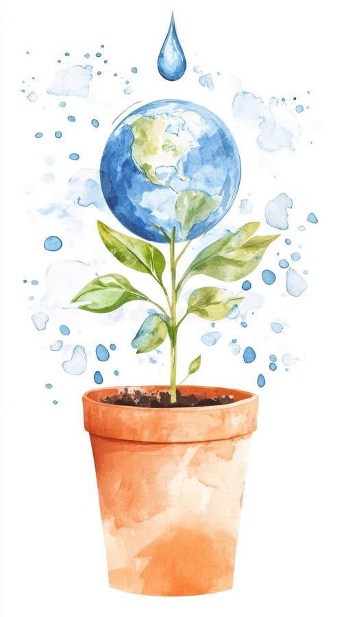 Image-produced Watercolor Illustration Featuring a Plant, Water, and ...