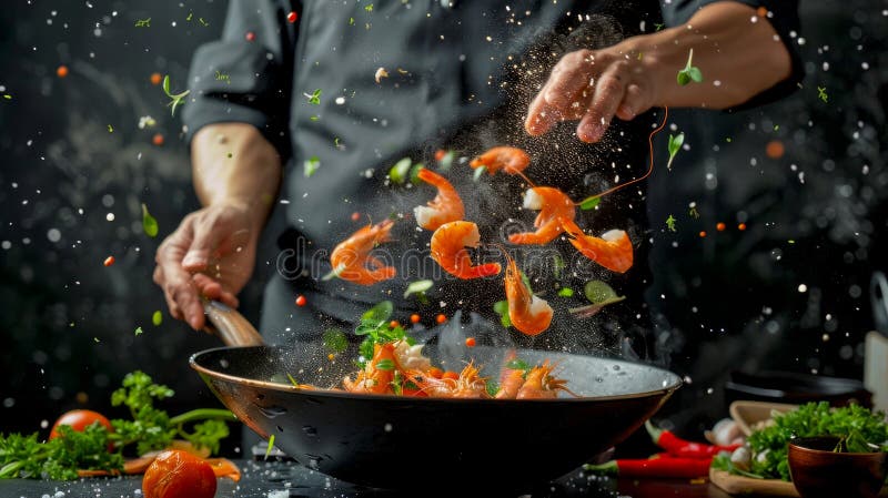 Professional Chef Cooking Seafood in a Pan. Dynamic Scene of Culinary ...