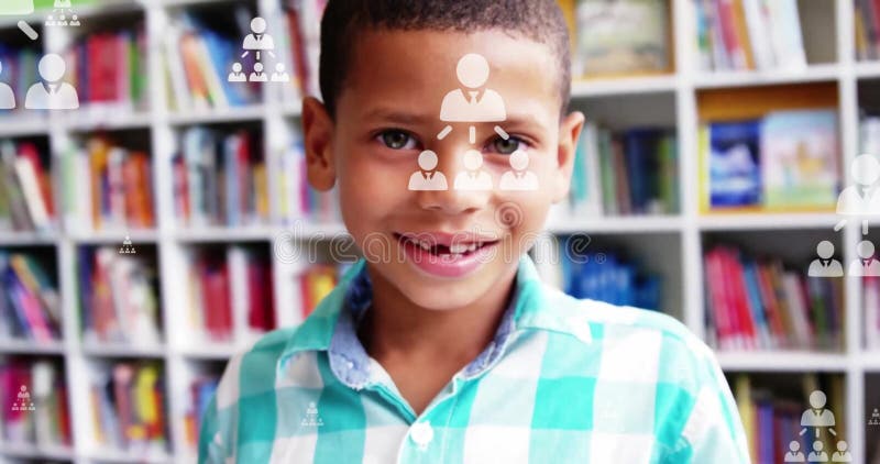 Image of Profile Icons Flowcharts Over Close Up of Smiling Biracial Boy ...