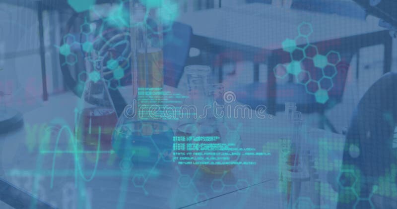 Image Of Programming Data And Graphical Hexagonal Shapes Over Laboratory Equipment Stock