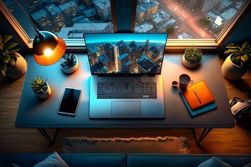 Top-view from a Home Office Setup with a Laptop on a Desk, Generative ...