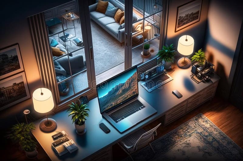 Top-view from a Home Office Setup with a Laptop on a Desk, Generative ...