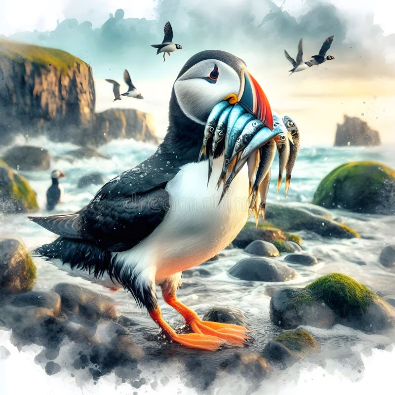 Image of Puffin Birds Standing on Top of a Lush Green Hillside Scene ...