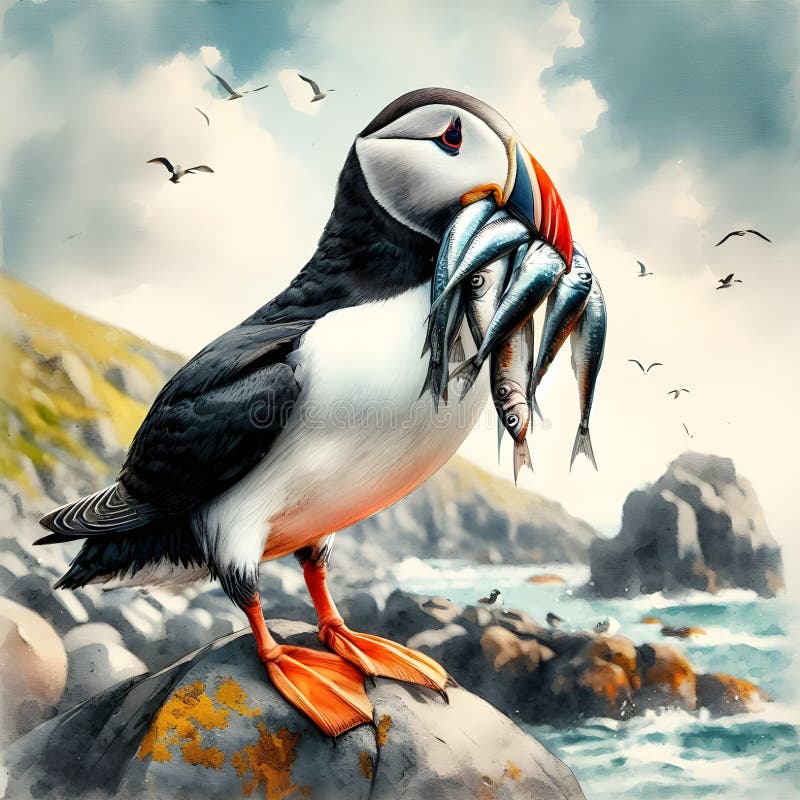 Image of Puffin Birds Standing on Top of a Lush Green Hillside Scene ...