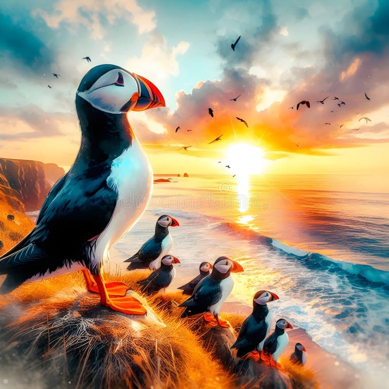 Image of Puffin Birds Standing on Top of a Lush Green Hillside Scene ...