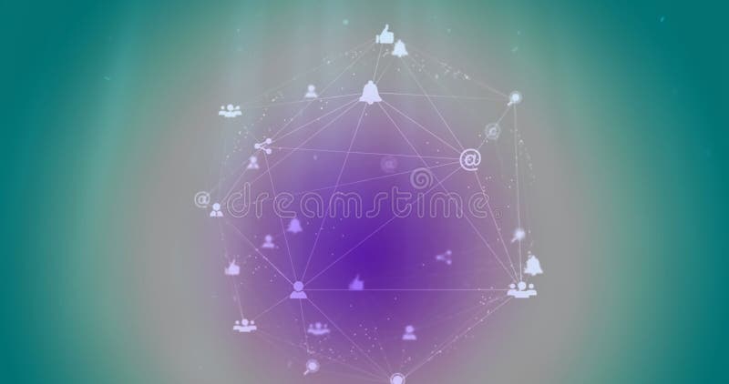 Image of Purple Pattern in Connected Icons Forming Globe Against Blue ...