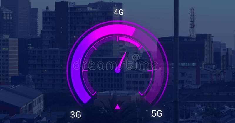Image of Purple Speedometer Over Cityscape Stock Image - Image of ...