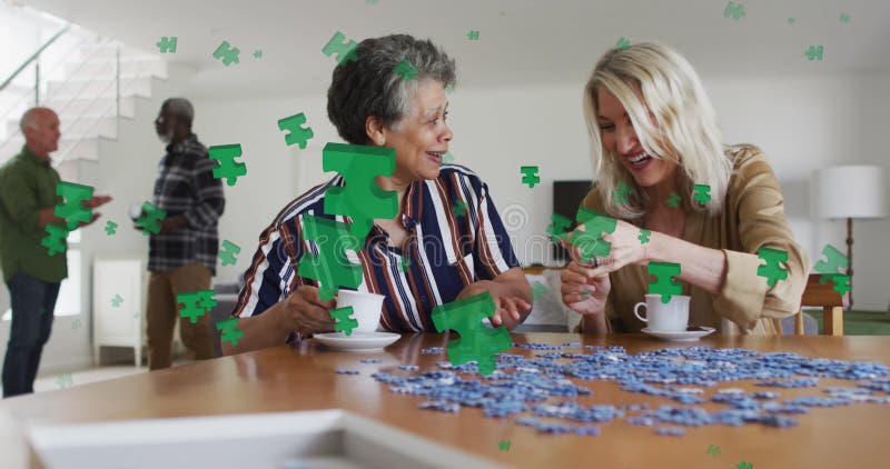 Image of Puzzle Over Diverse Group of Seniors Talking Stock ...