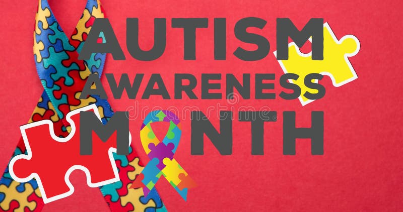 Image of Puzzles Falling Over Autism Awareness Month Text and Ribbon ...