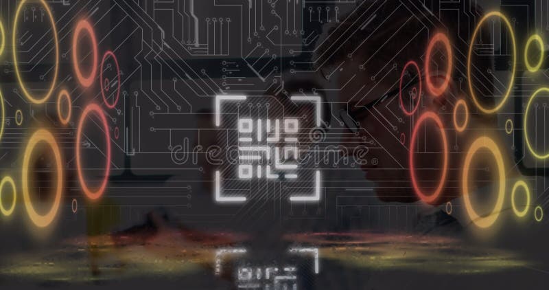 Image of Qr Code, Circles and Integrated Circuit Over Dark Space Stock ...