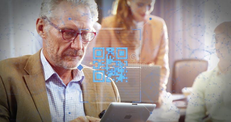 Image of Qr Code and Connected Dots Over Senior Caucasian Businessman ...