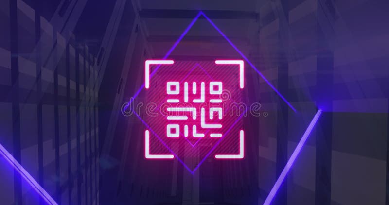 Image of Qr Code, Neon Lines, Data Processing Over Servers Stock Photo - Image of cybersecurity ...