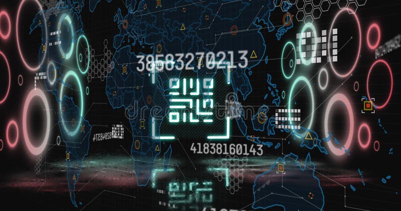 Image of Qr Code and Numbers Processing Over World Map Stock Image ...
