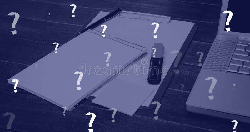 Image of Question Marks Floating Over Notepads and Laptop on Office ...