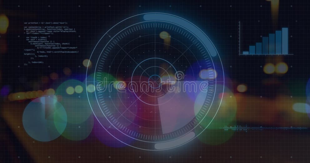 Image of Radar, Computer Language, Graphs Over Lens Flare and Moving ...