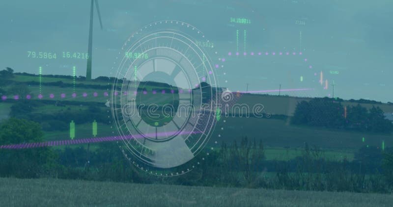 Image of Radar, Graph and Loading Bar Over Windmill on Landscape ...