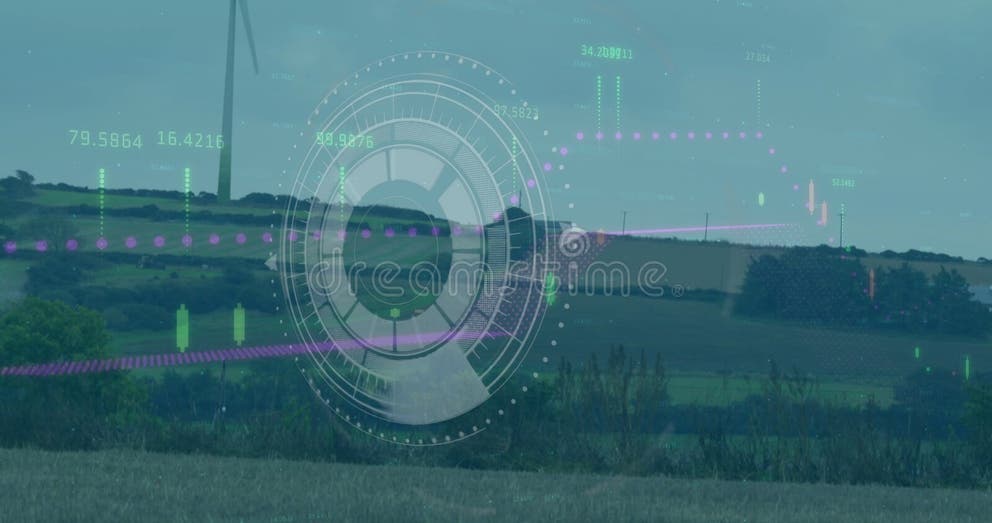 Image of Radar, Graph and Loading Bar Over Windmill on Landscape ...