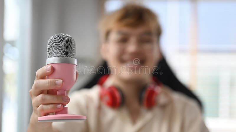 Image of Radio Host Using Microphone and Laptop To Recording Podcast in ...