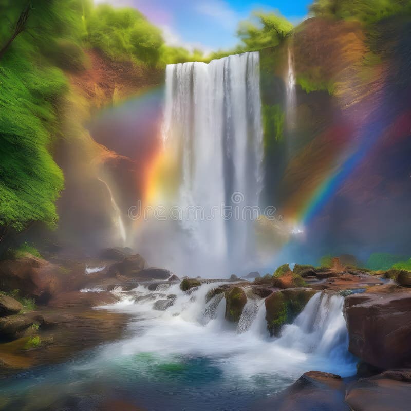 Image of a Rainbow Over a Waterfall Surrounded by Lush Vegetation ...