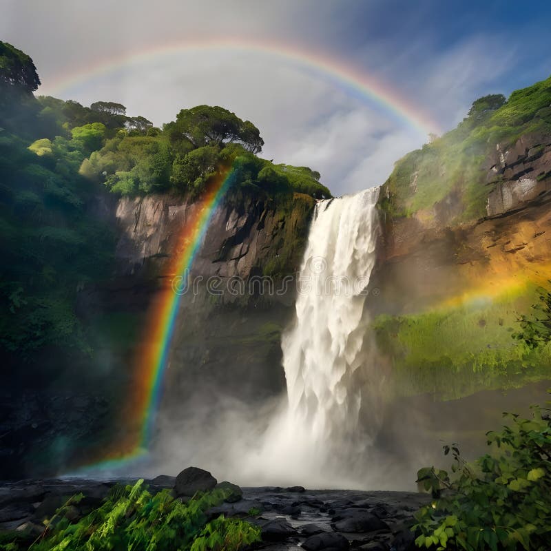 Image of a Rainbow Over a Waterfall Surrounded by Lush Vegetation ...