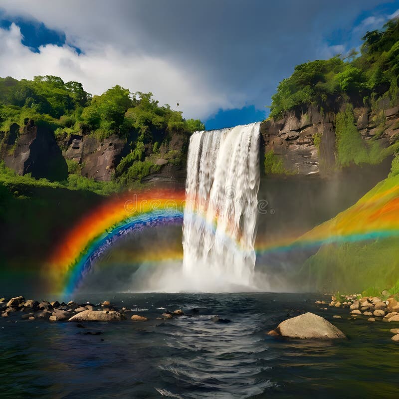 Image of a Rainbow Over a Waterfall Surrounded by Lush Vegetation ...