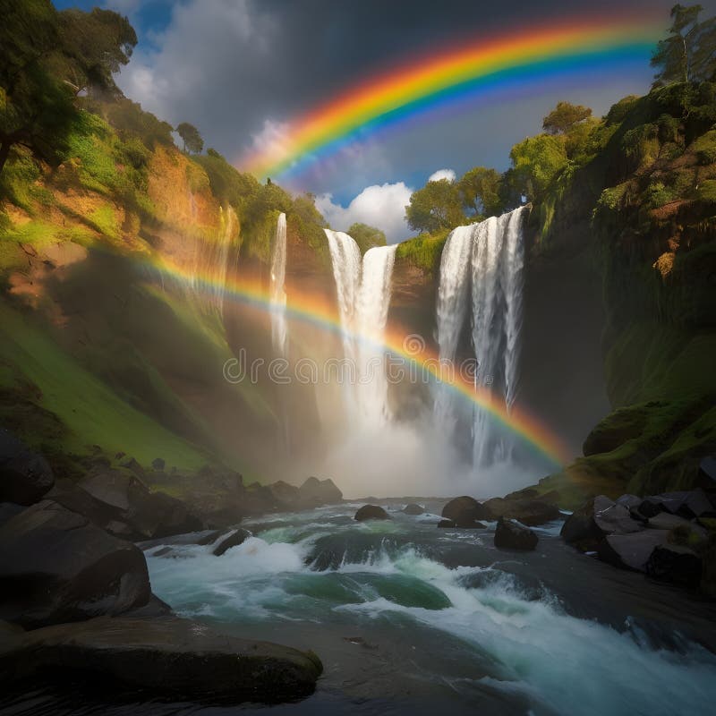 Image of a Rainbow Over a Waterfall Surrounded by Lush Vegetation ...