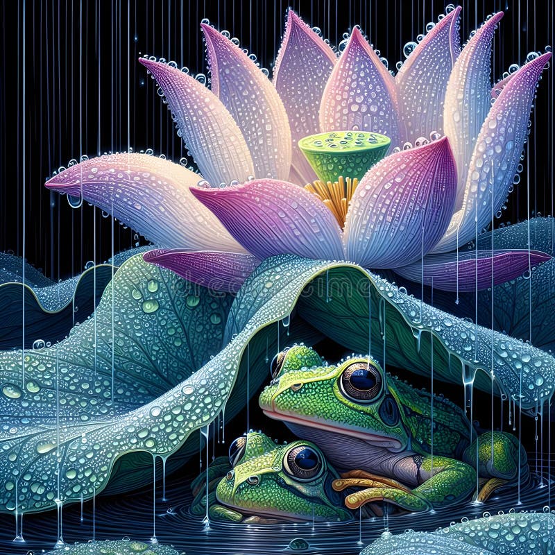 Image of the Raining Scenery Where Frogs are Under a Flower Soaking Wet ...