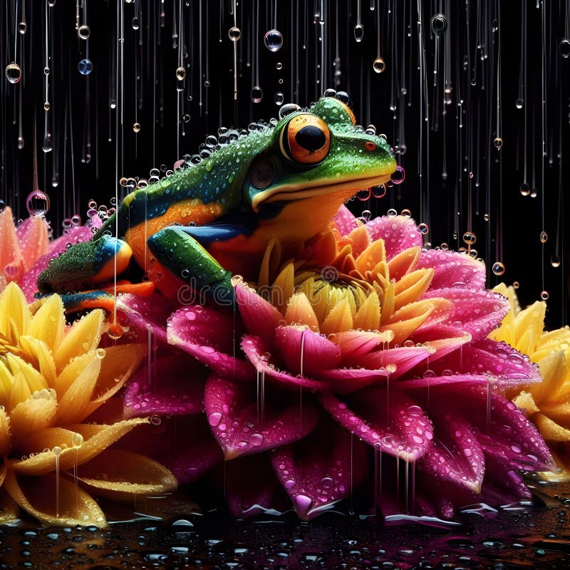 Image of the Raining Scenery Where Frogs are Under a Flower Soaking Wet ...