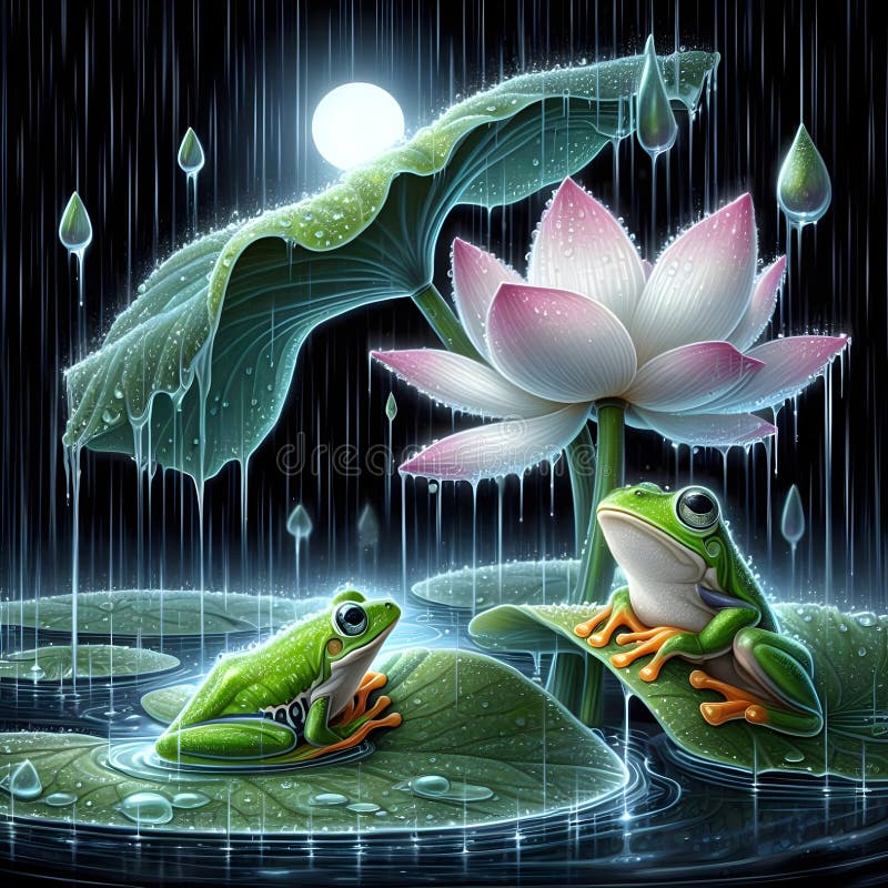 Image of the Raining Scenery Where Frogs are Under a Flower Soaking Wet ...