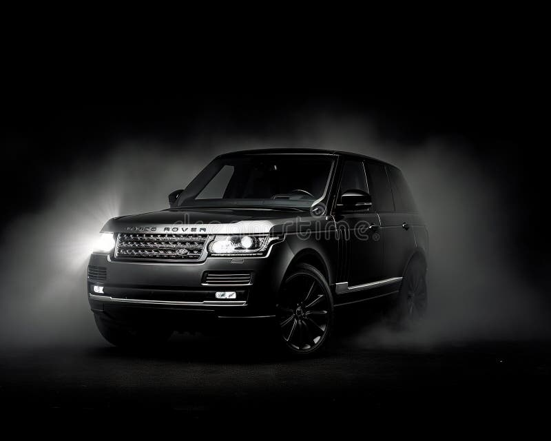 Black and White Silhouette of a Range Rover is Made in Dense Fog. Stock ...