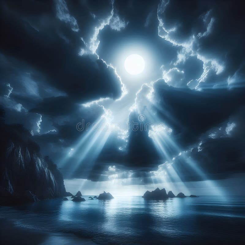 Image of Rays of Moonlight Breaking through the Cloudy Night Sky ...