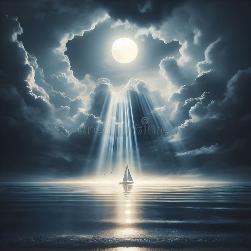 Image of Rays of Moonlight Breaking through the Cloudy Night Sky ...