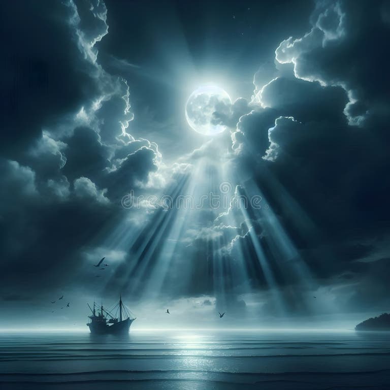 Image of Rays of Moonlight Breaking through the Cloudy Night Sky ...
