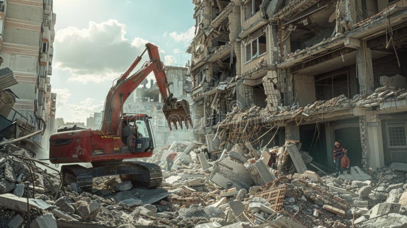 An Image of a Red Excavator Digging through a Pile of Rubble. Suitable ...