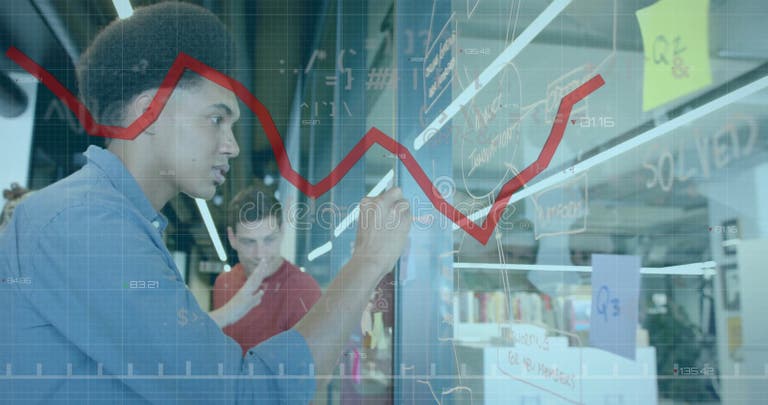 Image of Red Line and Data Processing Over Diverse Business People in ...