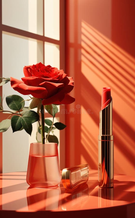 An Image of a Red Matte Lipstick and a Red Rose, Stock Photo - Image of ...