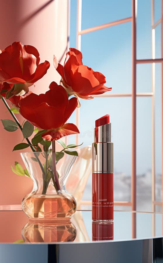 An Image of a Red Matte Lipstick and a Red Rose, Stock Photo - Image of ...