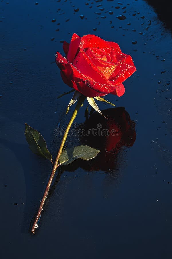 Image of Red Rose with Dew Drops on Petals by Resting on a Reflective ...