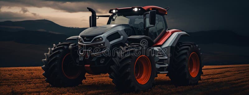 An Image of a Red Tractor, Going Slowly Down a Large Field Stock Photo ...